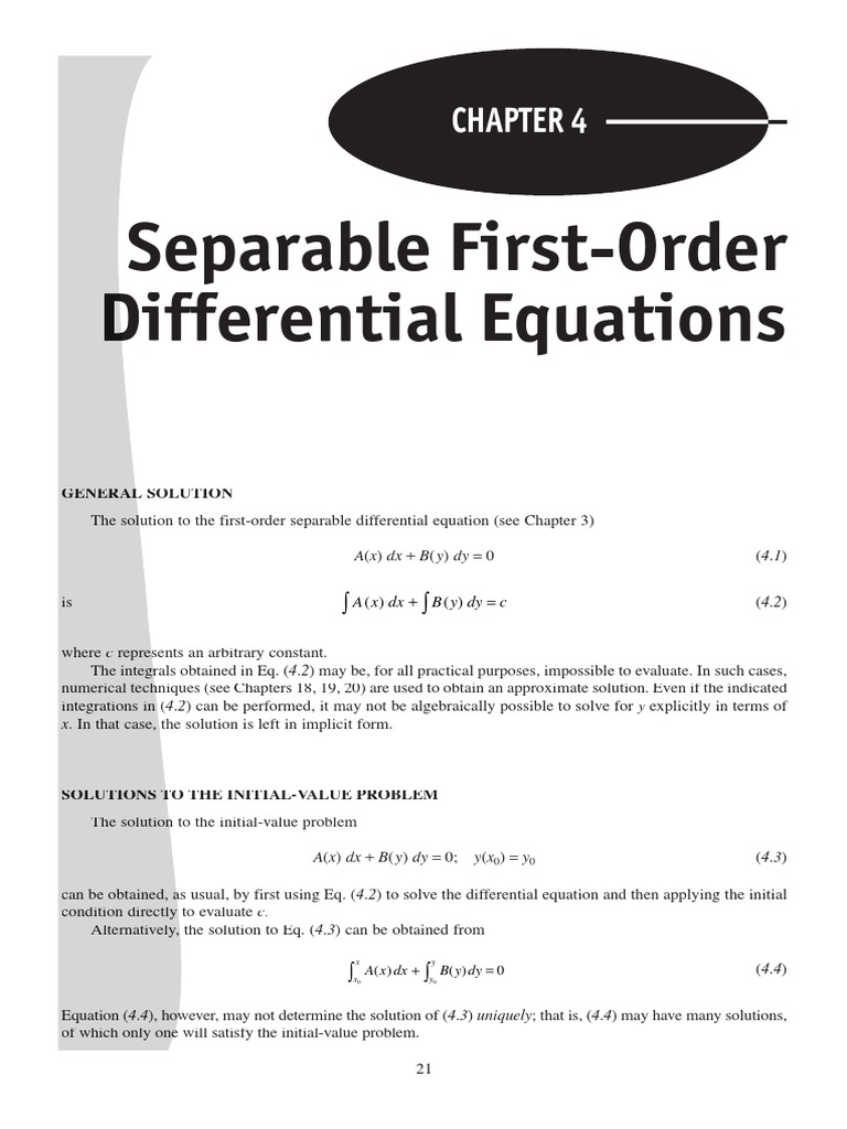 Separable First Order Differential Equations Pdf Equations