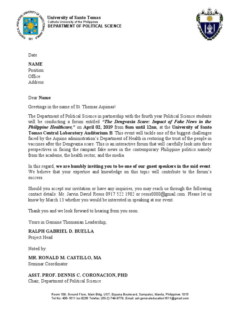 An Invitation to Speak at the University Forum on 'The Dengvaxia Scare ...