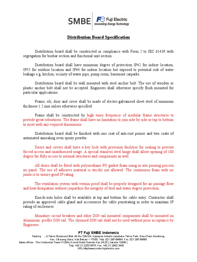 Distribution Board Specification: PT Fuji SMBE Indonesia | PDF | Door ...
