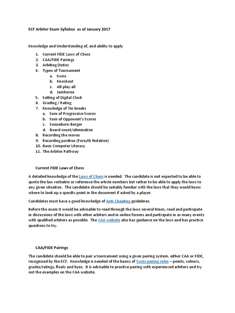ECF Arbiter Exam Syllabus As of January 2017 | PDF | Chess | Gaming