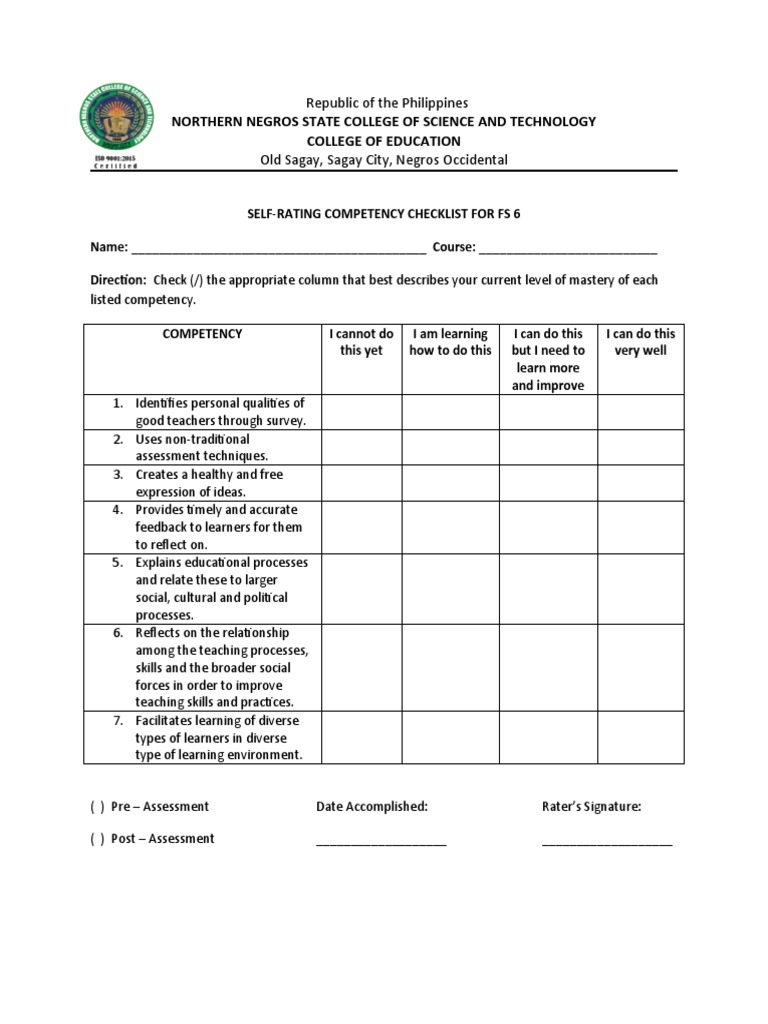 FS 6 Self Rating Competency Checklist | PDF | Career & Growth | Wellness