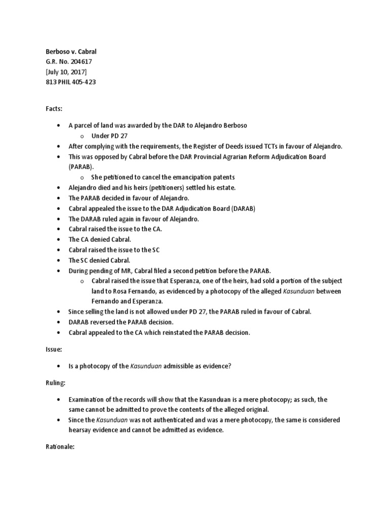 Berboso v. Cabral (Photocopy As Evidence) | PDF | Evidence | Evidence (Law)