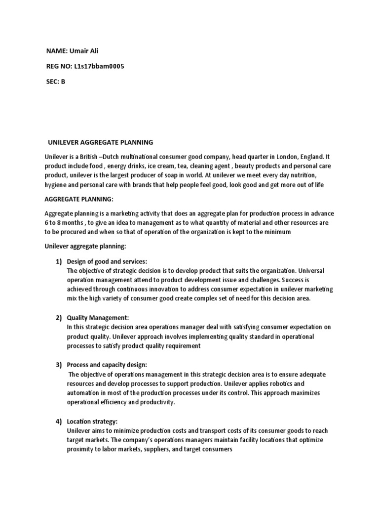 Unilever's Strategic Operations Management Approach Through Aggregate ...