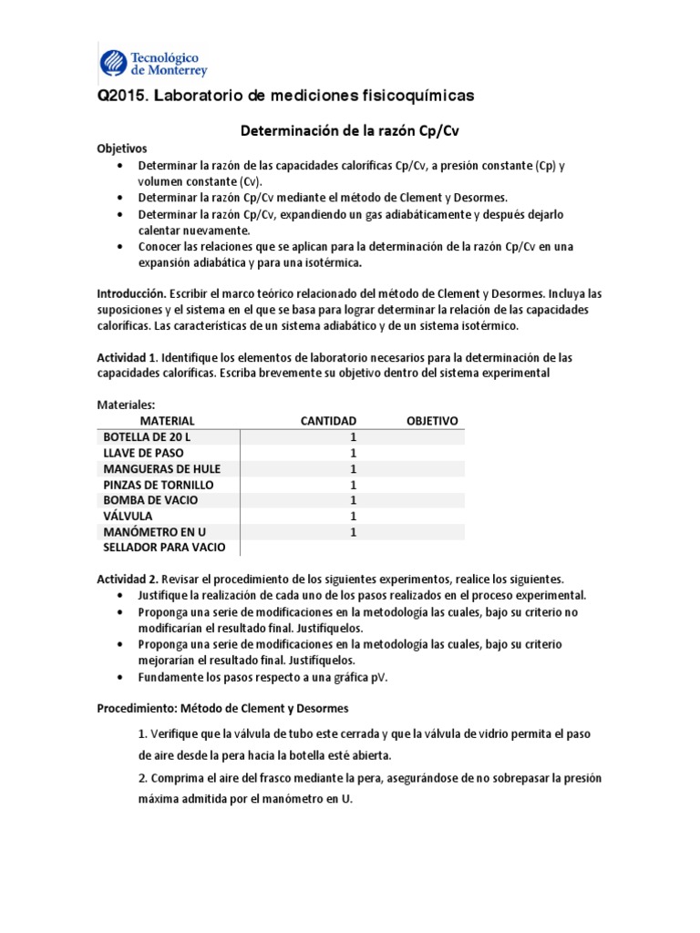 Práctica. Clase 4. Relación CP:CV | PDF | Medida de presión | Capacidad calorífica