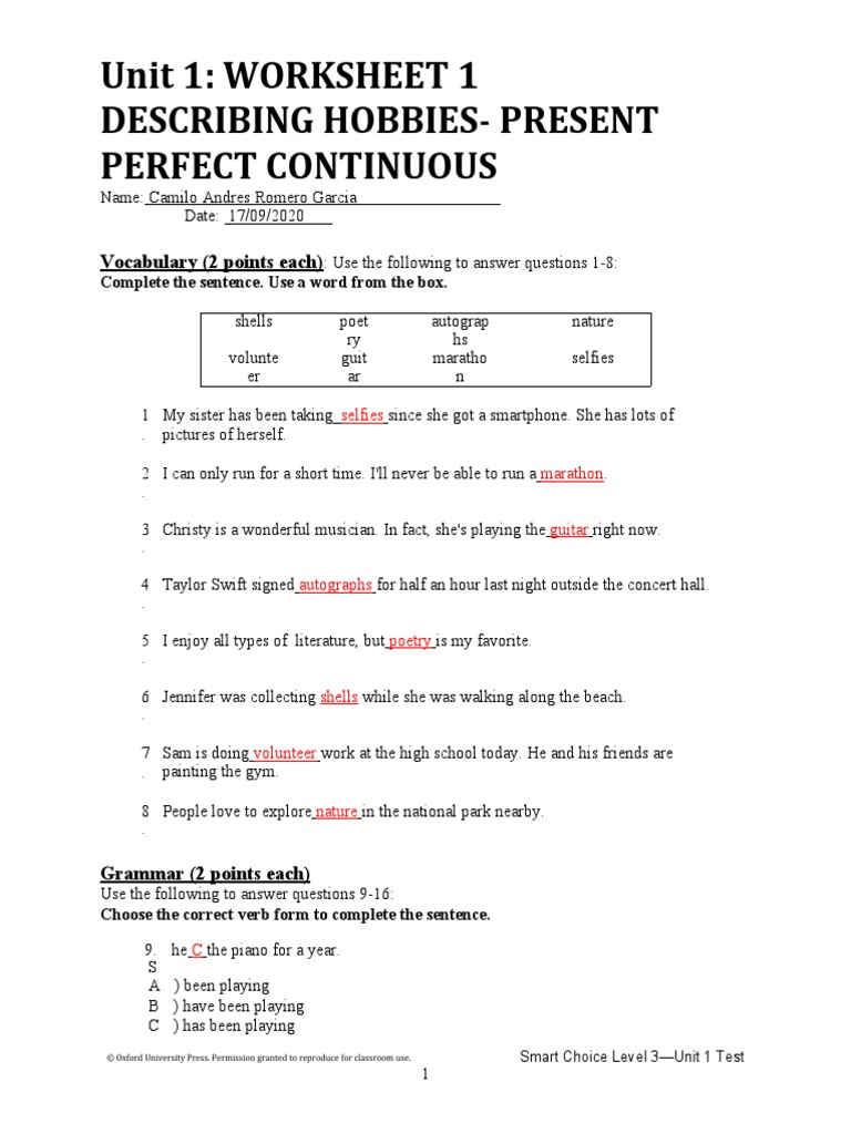 Unit 1: Worksheet 1 Describing Hobbies-Present Perfect Continuous | PDF