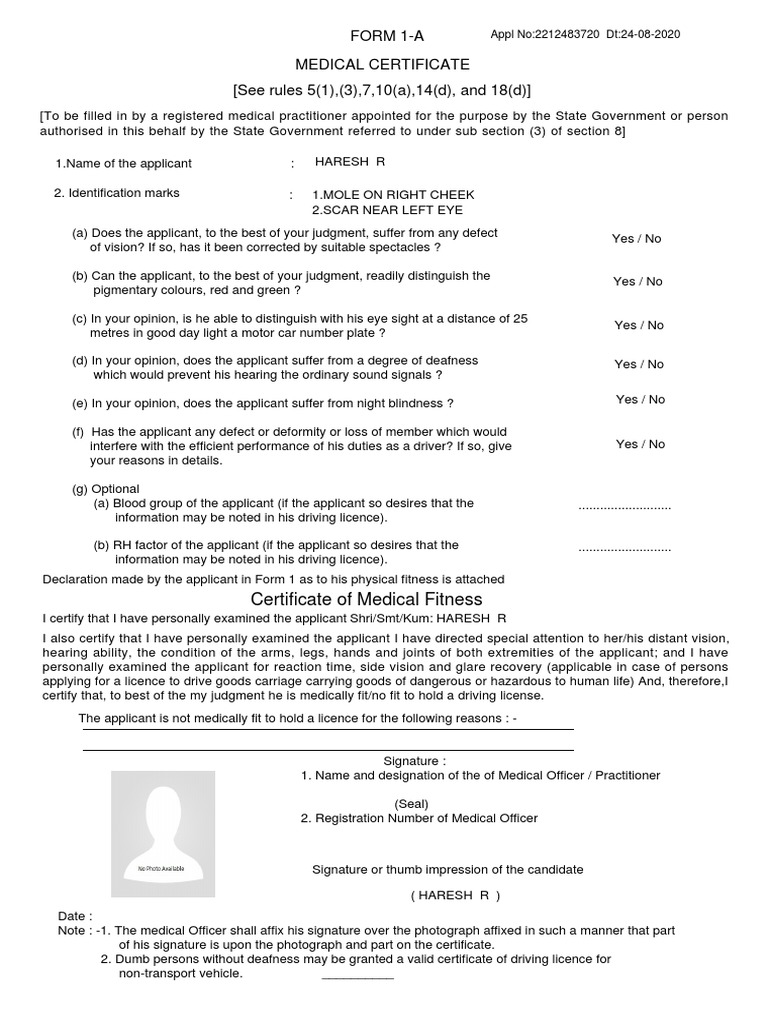 Form 1-A: Certificate of Medical Fitness | Download Free PDF | Driver's ...