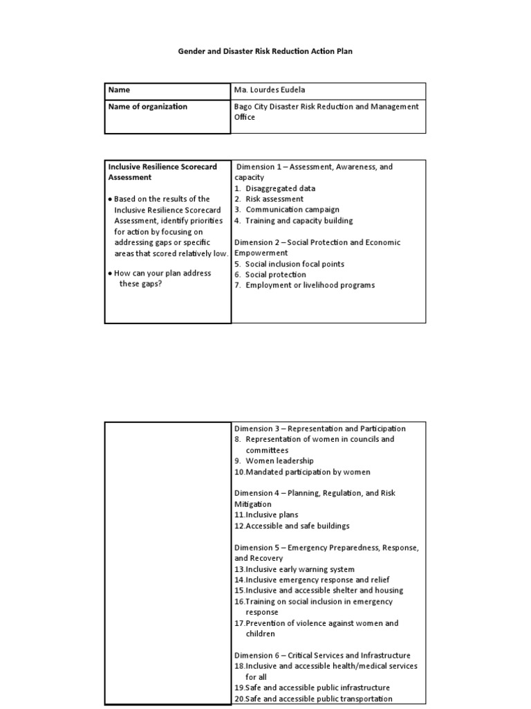 Gender and Disaster Risk Reduction Action Plan | PDF | Hazards ...