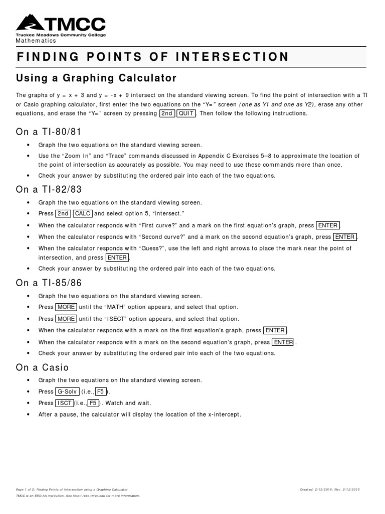 Finding Points of Intersection: Using A Graphing Calculator | PDF ...