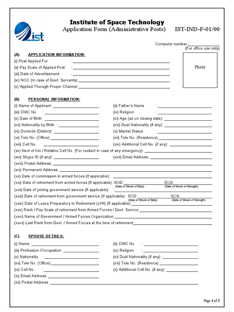 Application Form (Administrative Posts) IST-IND-F-01/00: Institute of ...
