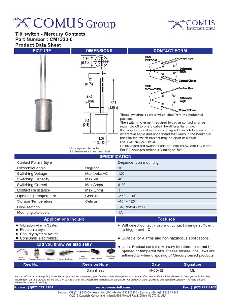 Mercury Switch Datasheet PDF | PDF | Switch | Relay
