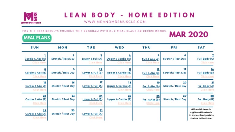 Lean Body Home Workout Calendar - MAR 2020 | PDF | Physical Fitness ...