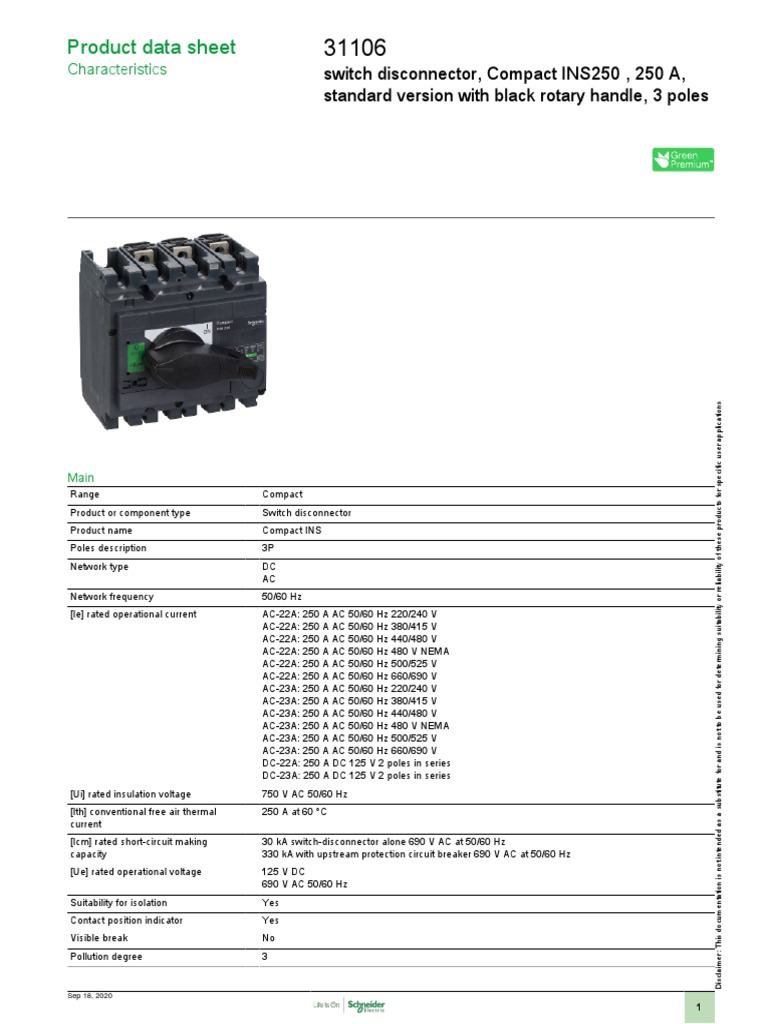 Product Data Sheet: Switch Disconnector, Compact INS250, 250 A ...