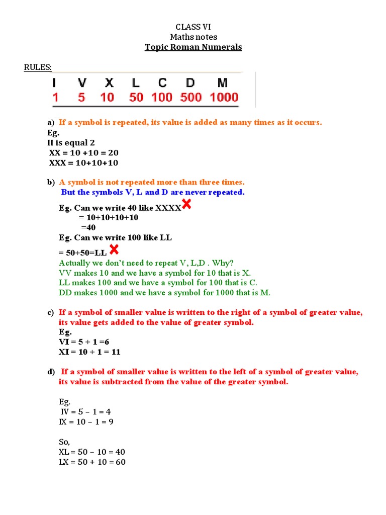 CLASS 6 Maths Notes Roman Numerals | PDF | Teaching Mathematics ...