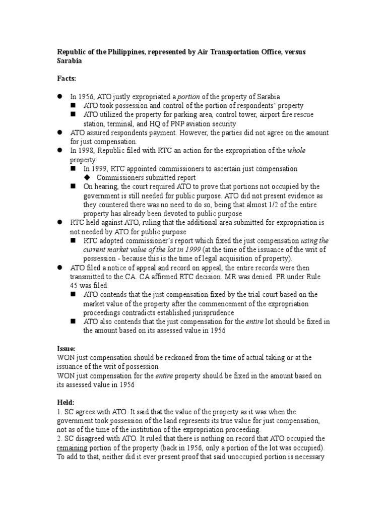 Expropriation Case: ATO vs. Sarabia | PDF | Just Compensation | Eminent ...