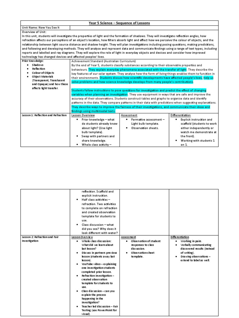 Year 5 Science Lesson Sequence | PDF | Data | Light