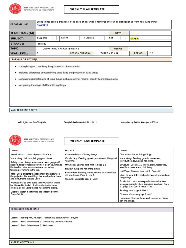 Weekly Science Plan: Living Things | PDF | Life | Laboratories