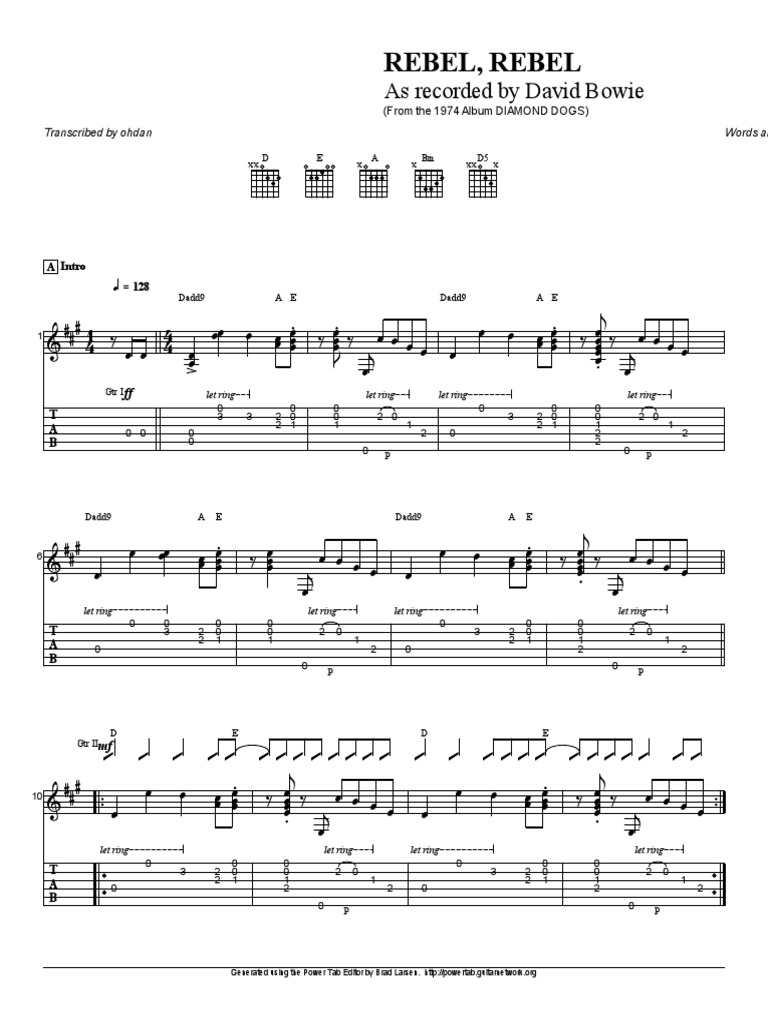Rebel Rebel by David Bowie guitar tab | PDF | Song Recordings Produced ...