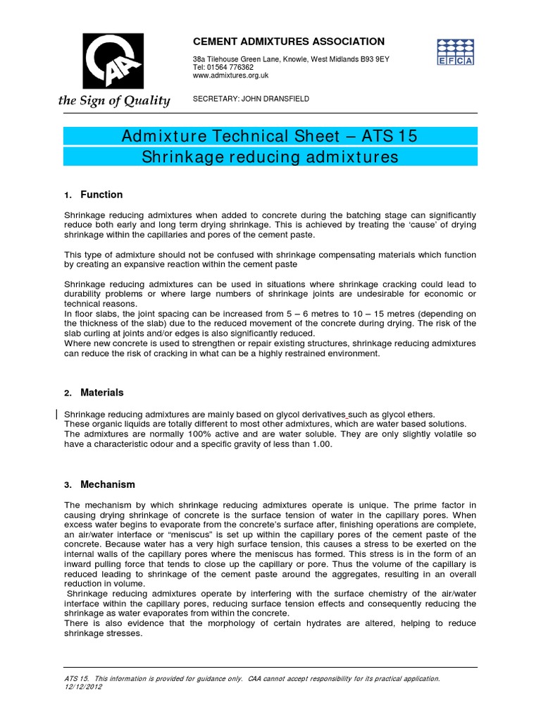 Shrinkage Reducing Admixtures Overview | PDF | Casting (Metalworking ...