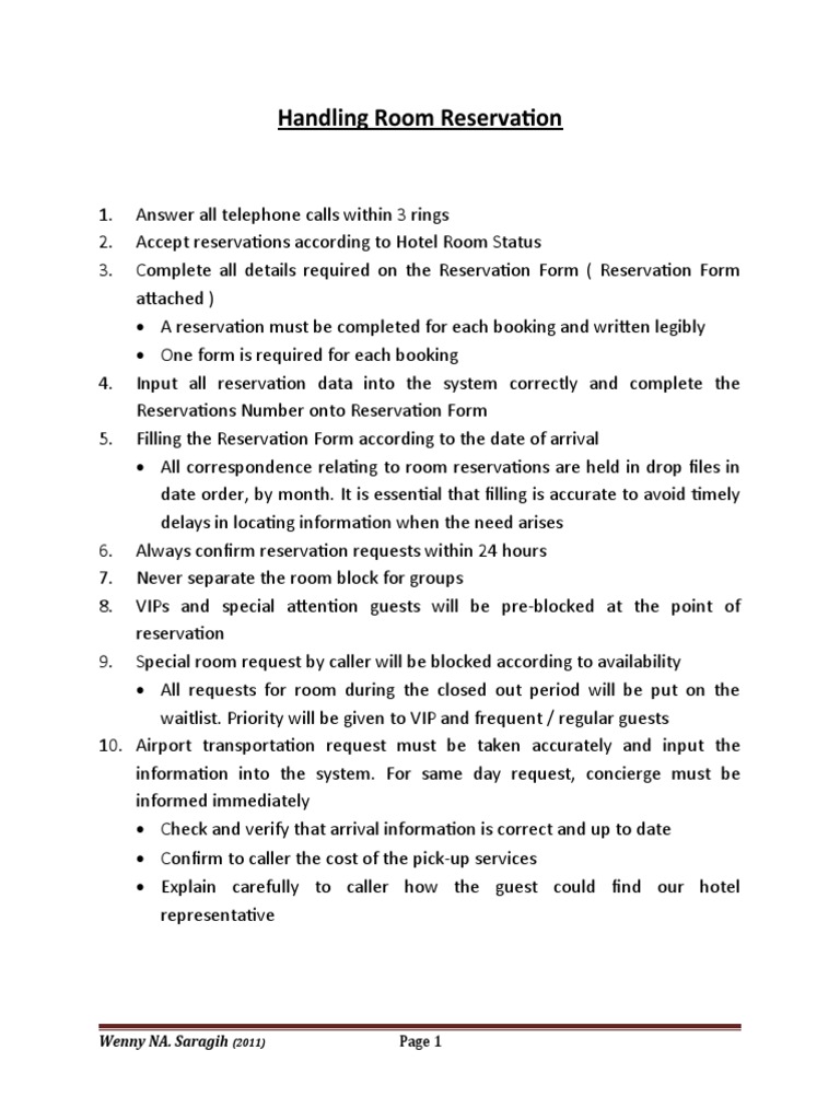 Room Reservation Handling Procedures | PDF | Business