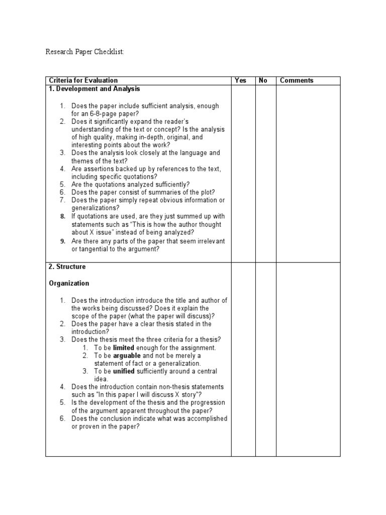 Research Paper Checklist:: Criteria For Evaluation Yes No Comments 1 ...
