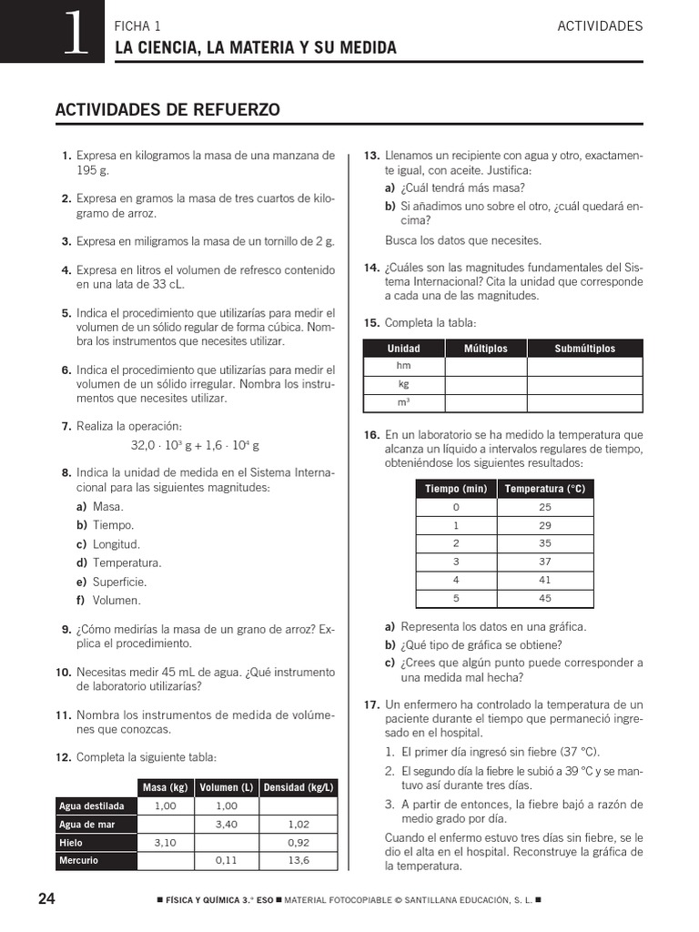 Física y Química 3º Eso Soluciones | PDF | Volumen | Kilogramo