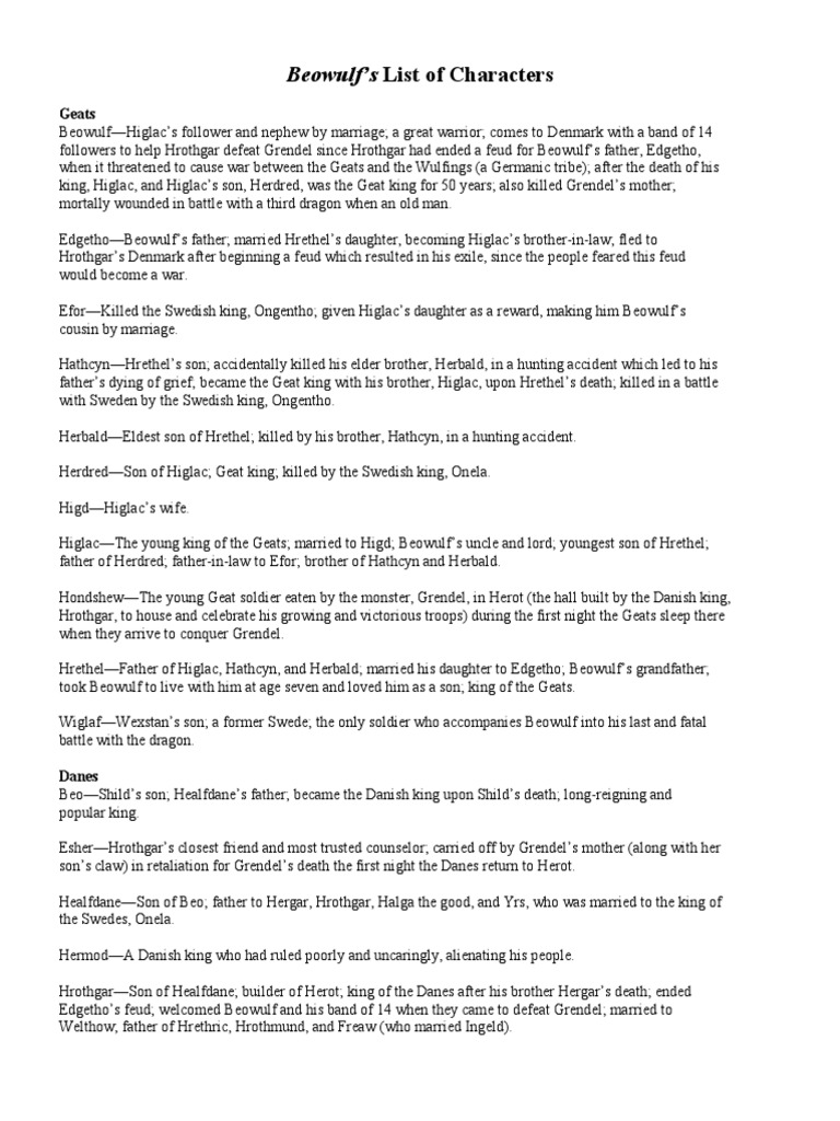 Beowulf List of Characters PDF | Download Free PDF | Beowulf | English ...