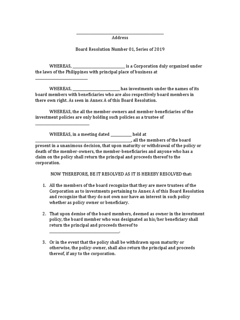 Board Resolution Sample | PDF | Board Of Directors | Government