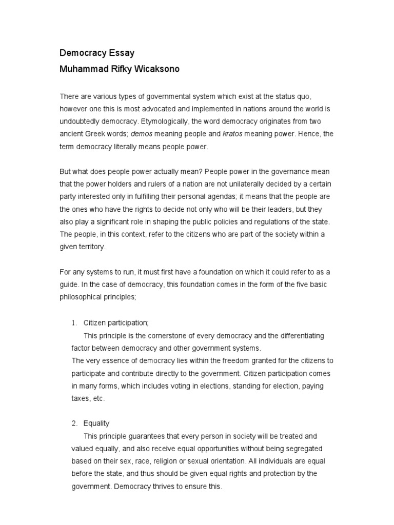 Democracy Essay | PDF | Heads Of State | Democracy