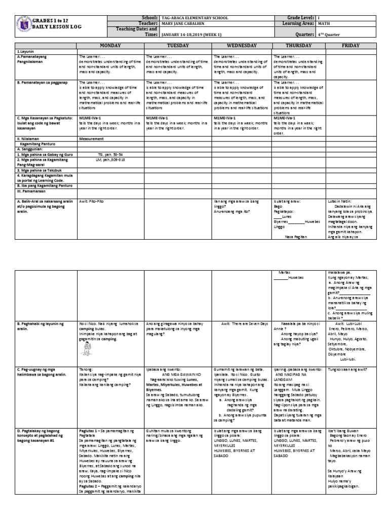 GRADES 1 To 12 Daily Lesson Log: School: Grade Level: Teacher: Learning ...