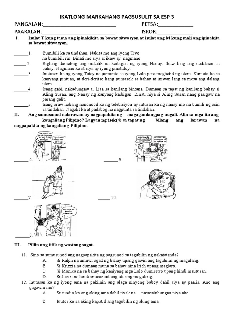 Ikatlong Markahang Pagsusulit Sa Esp 3 | PDF