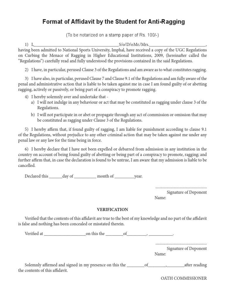 Format of Affidavit by The Student For Anti-Ragging: Verification | PDF ...