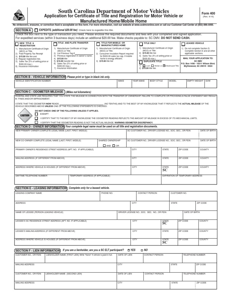 SC DMV Form 400 | PDF | Concurrent Estate | Department Of Motor Vehicles