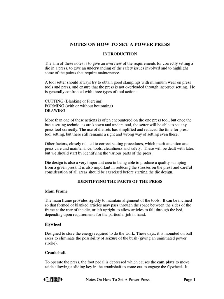 Press Setting Notes | Download Free PDF | Clutch | Screw