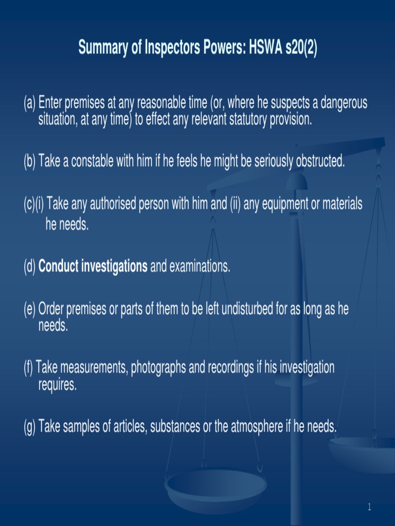 Summary of Inspectors Powers: HSWA s20 | PDF