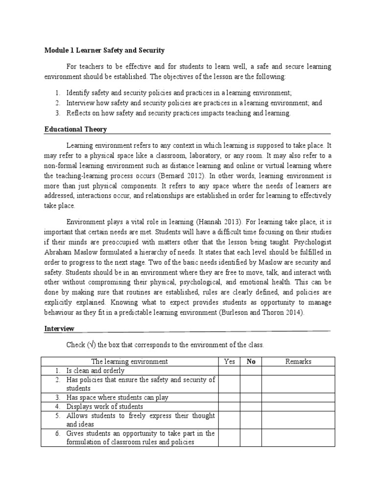 Module 1 Learner Safety and Security | PDF | Learning | Teaching