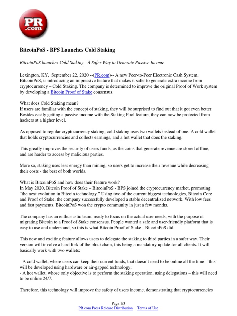 BitcoinPoS - BPS Launches Cold Staking | PDF | Cryptocurrency | Bitcoin
