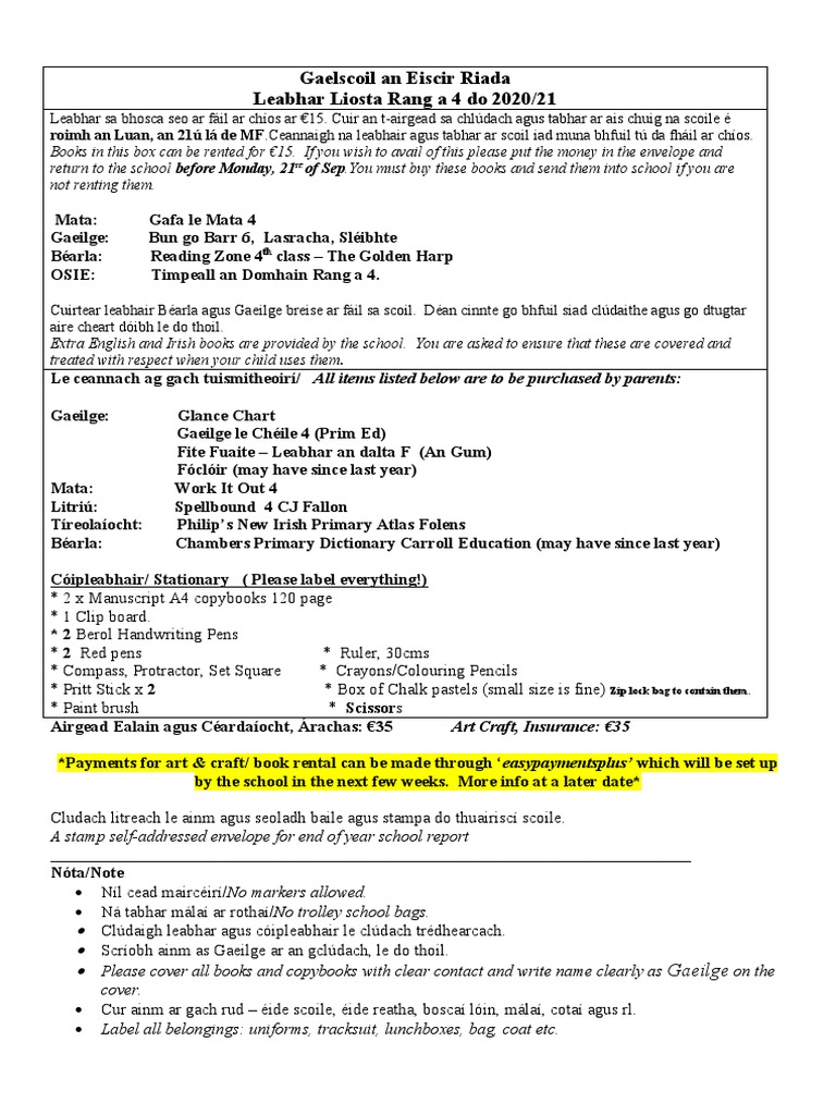 Gaelscoil An Eiscir Riada Leabhar Liosta Rang A 4 Do 2020/21 | PDF ...