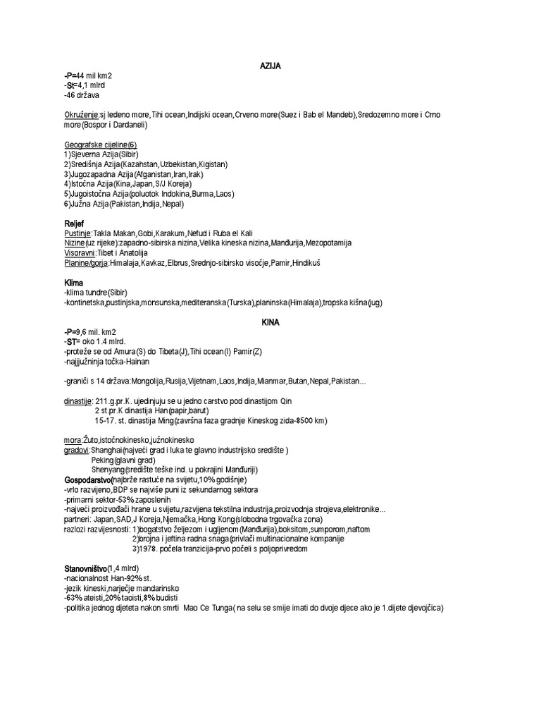 Geografija Ispit Azija I Afrika | PDF