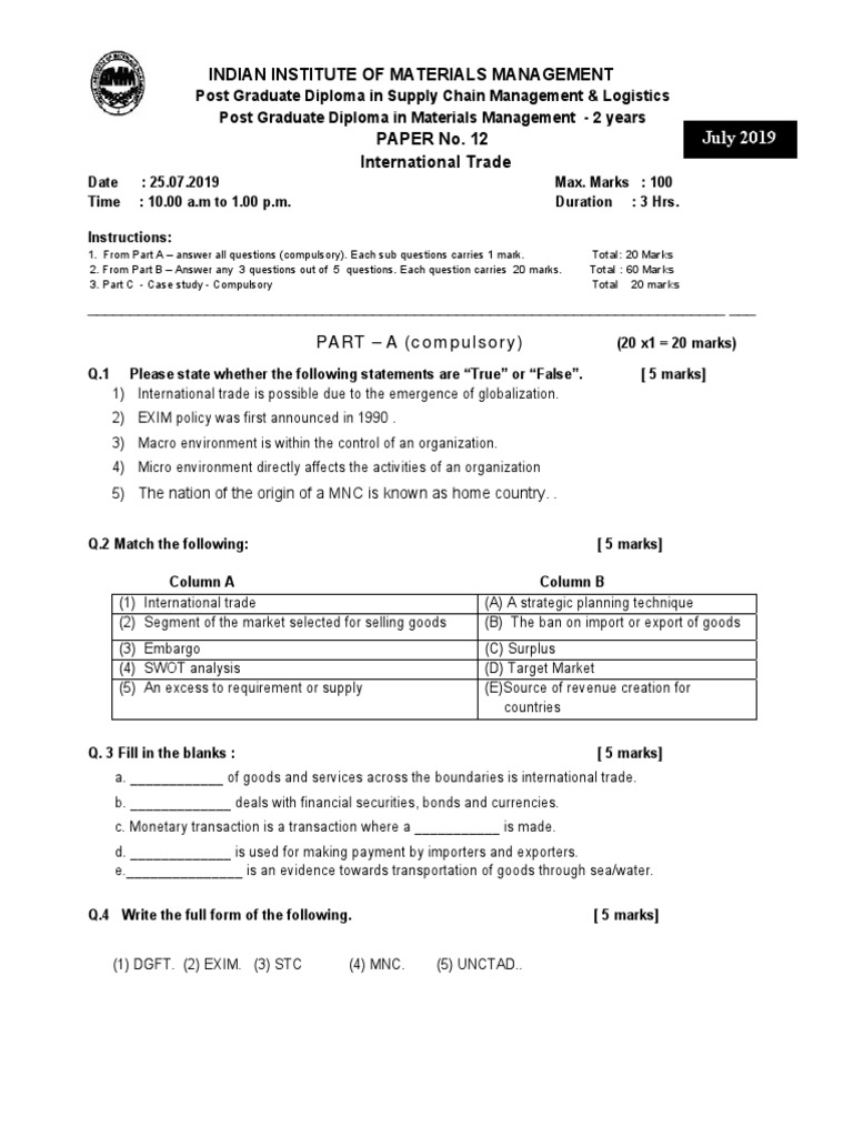 Iimm Que Paper Pune All India PDF | Download Free PDF | Exports | Trade