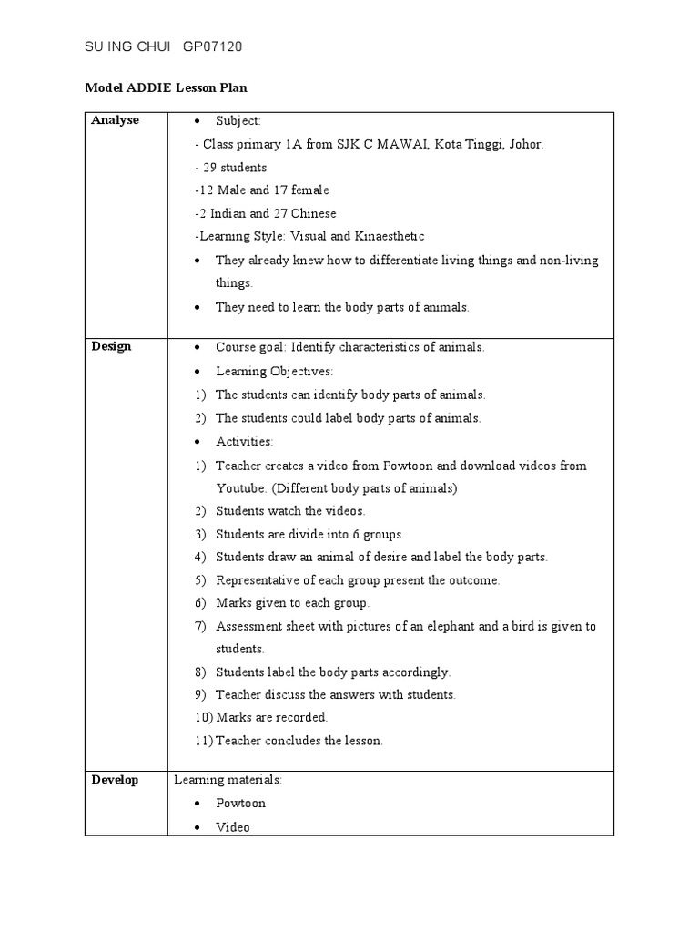 Model ADDIE Lesson Plan Analyse | PDF | Education Theory | Teachers
