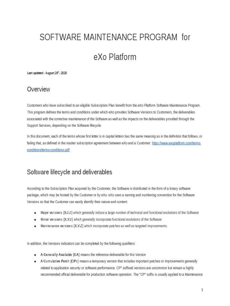 Software Maintenance Program For Exo Platform: Last Updated: August 28 ...