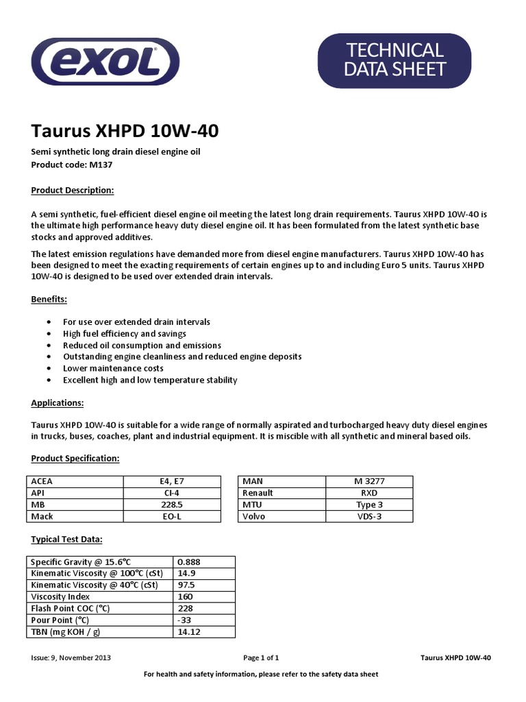 Taurus XHPD 10W-40 Technical Data Sheet | PDF