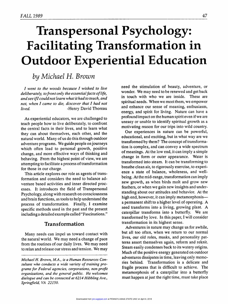 Transpersonal Psychology: Facilitating Transformation in Outdoor ...