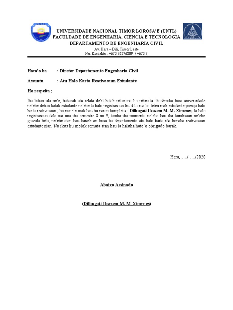 Pedido Karta Reativasaun Estudante | PDF