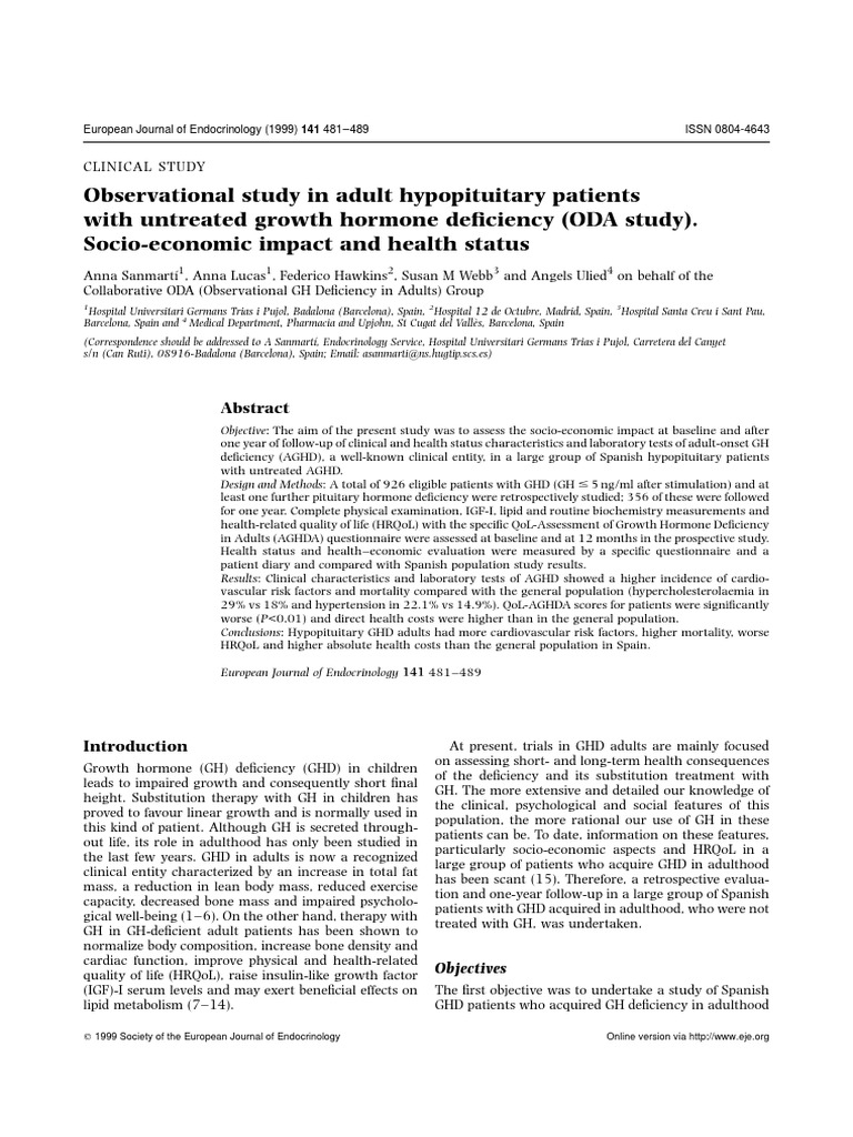 Observational Study in Adult Hypopituitary Patients With Untreated ...