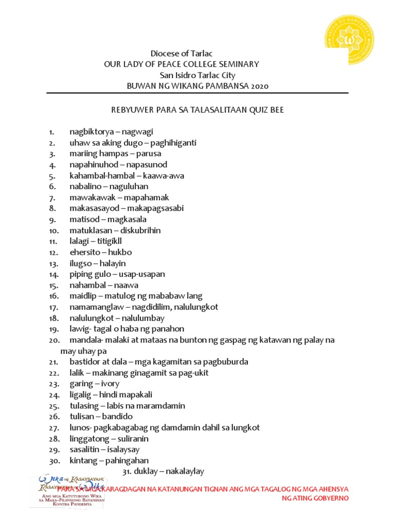 Rebyuwer para Sa Talasalitaan Quizbee | PDF