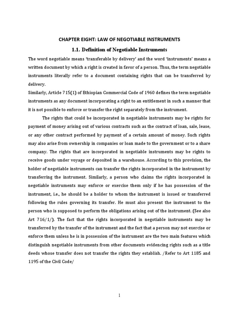 Chapter Eight: Law of Negotiable Instruments 1.1. Definition of ...