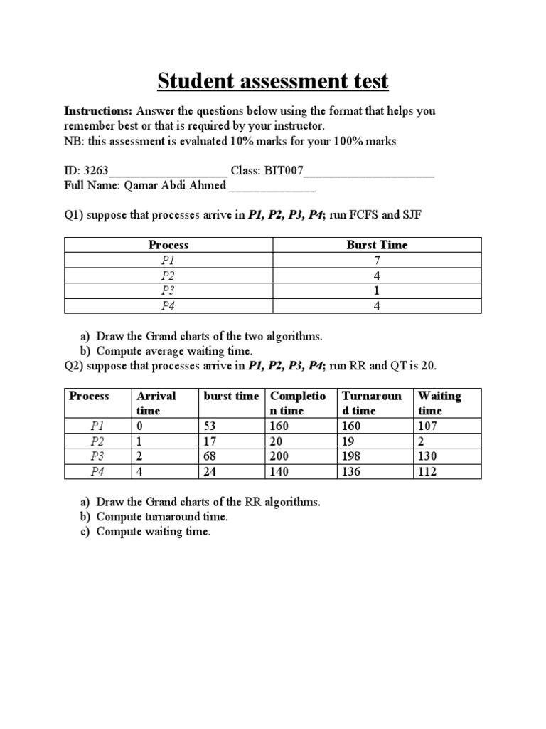 Student Assessment Test: Instructions: Answer The Questions Below Using ...