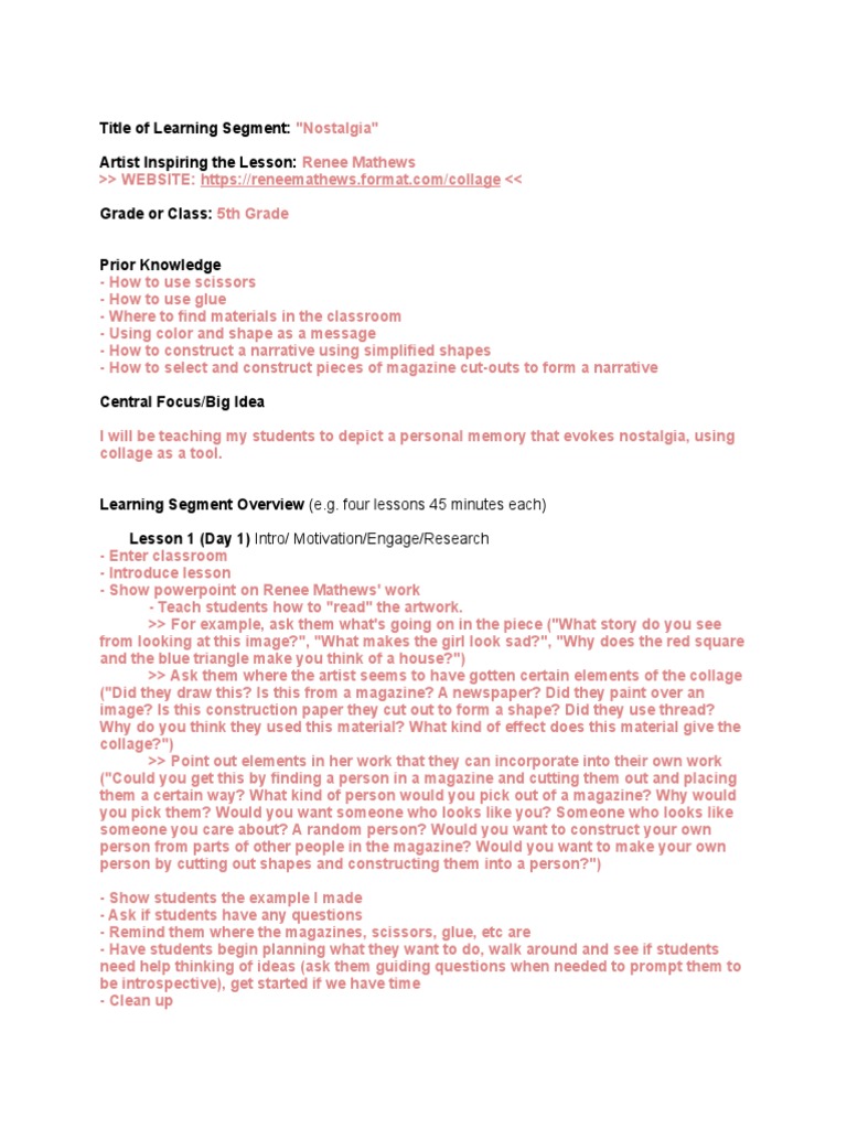 Nostalgia - Art Lesson Plan Template | PDF | Nostalgia | Special Education