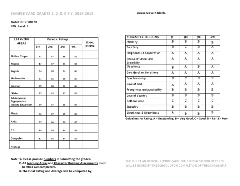 Sample Card Grades 1-3 | Download Free PDF | Behavior Modification ...